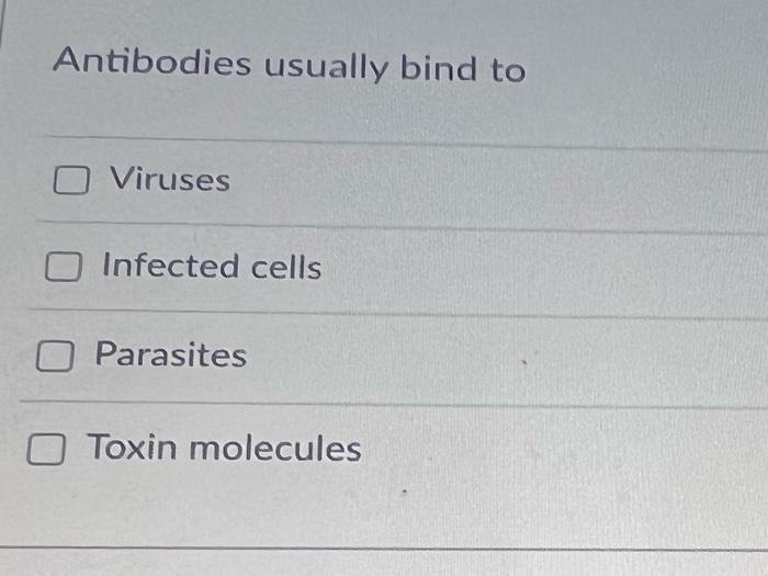 Solved Antibodies usually bind to Viruses Infected cells | Chegg.com