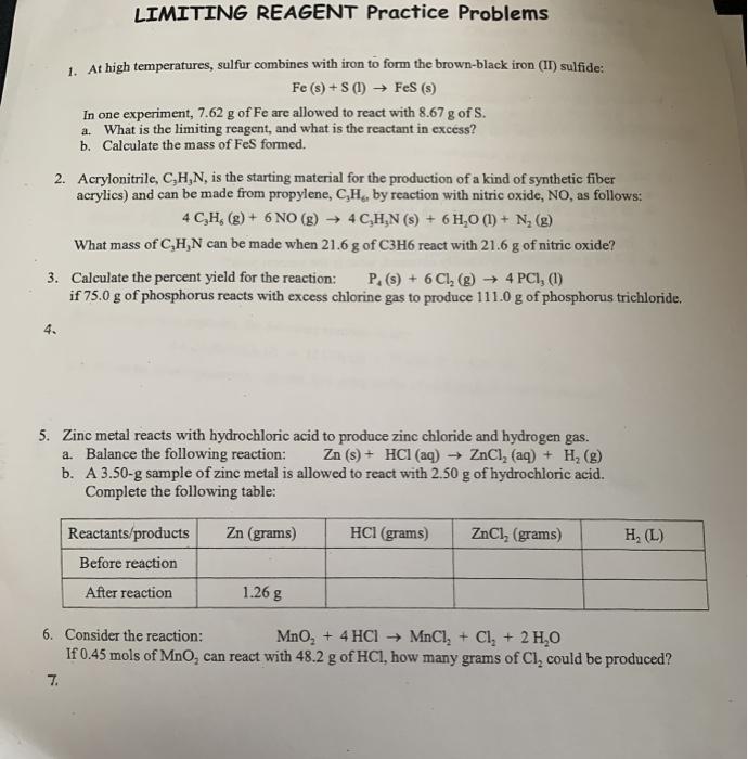 Solved LIMITING REAGENT Practice Problems 1. At high | Chegg.com