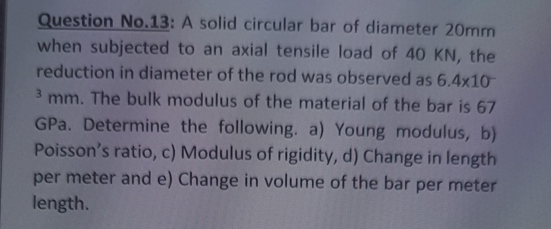 Solved Question No.13: A solid circular bar of diameter 20 | Chegg.com