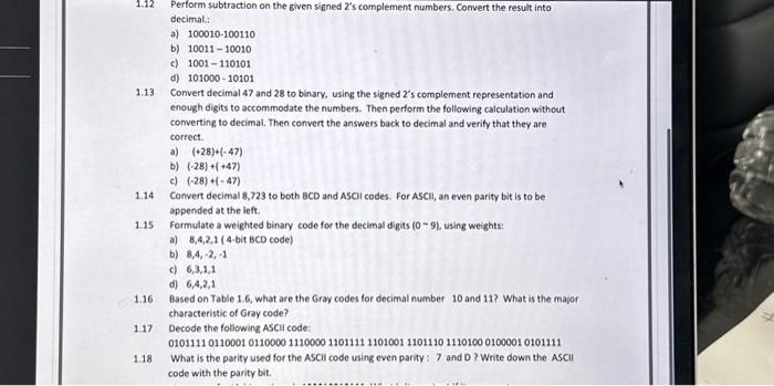Solved 1.12 Perform subtraction on the given signed 2 's | Chegg.com