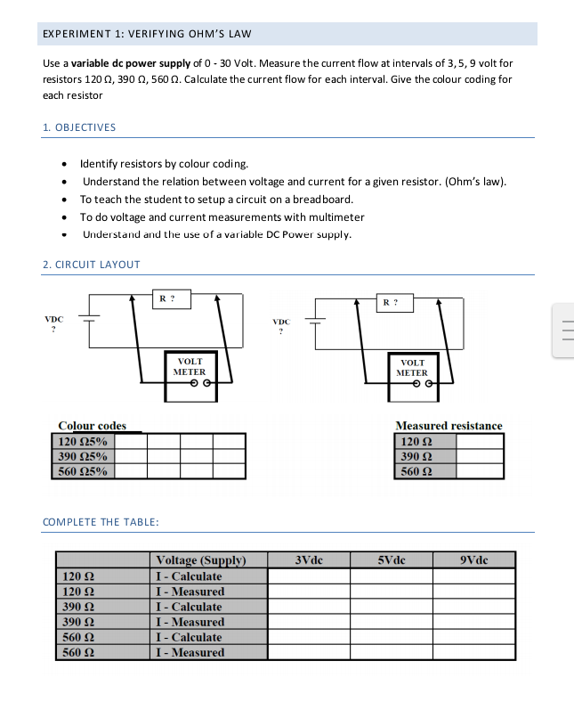 Solved EXPERIMENT 1: VERIFYING OHM'S LAWUse a variable dc | Chegg.com