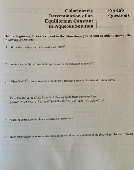 Solved Colorimetric Determination of an Equilibrium Constant | Chegg.com