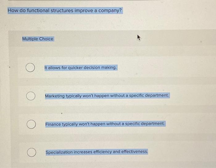 Solved How do functional structures improve a company? | Chegg.com