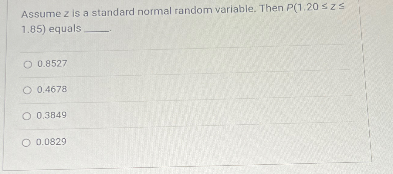 Solved Assume z ﻿is a standard normal random variable. Then | Chegg.com