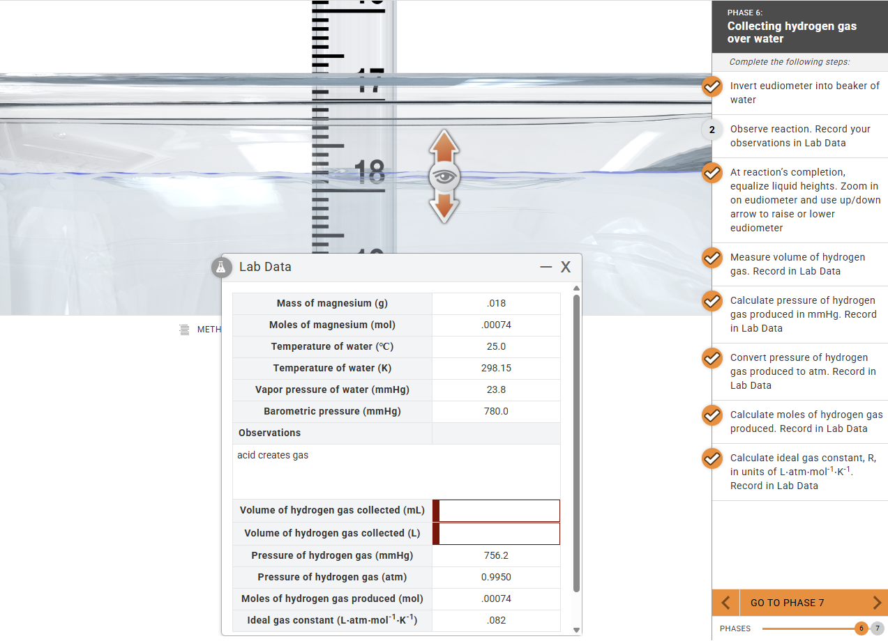 PHASE 6: Collecting hydrogen gas over water Complete | Chegg.com