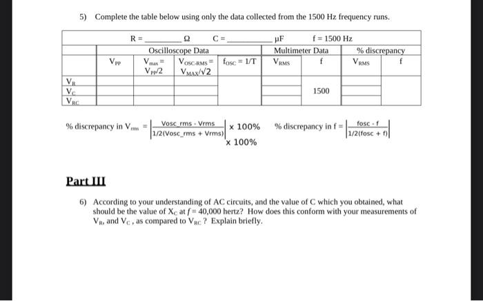 Part I 1) Using your measured values of VR and VC | Chegg.com