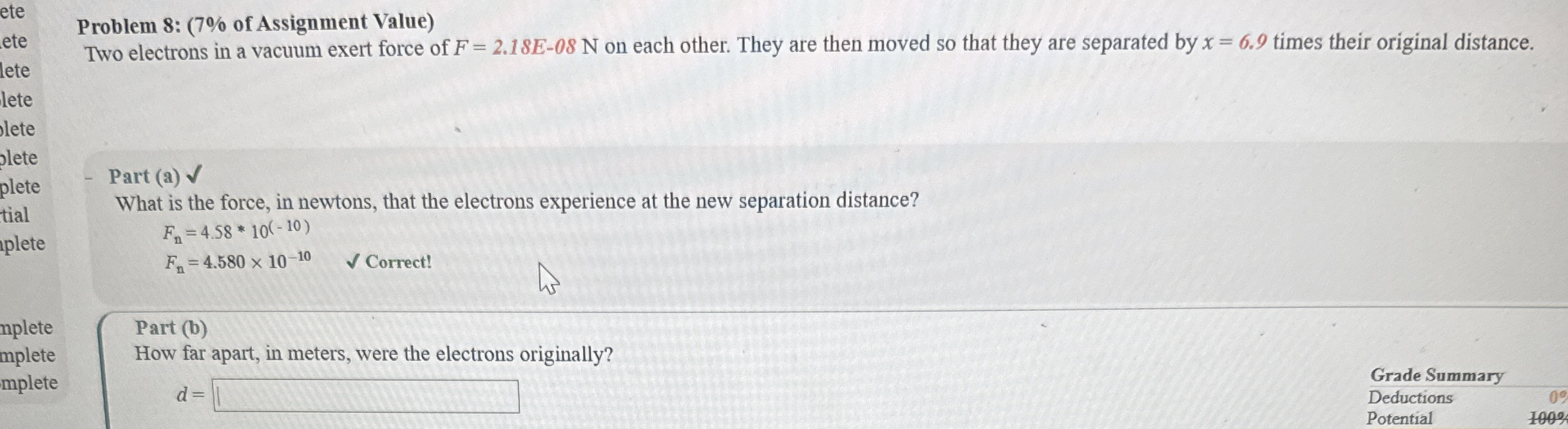 Solved Problem 8: (7% ﻿of Assignment Value)Two electrons in | Chegg.com