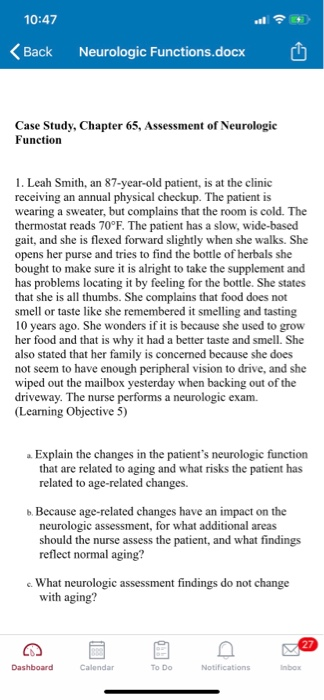 Solved 10:47 Back Neurologic Functions.docx Case Study, | Chegg.com