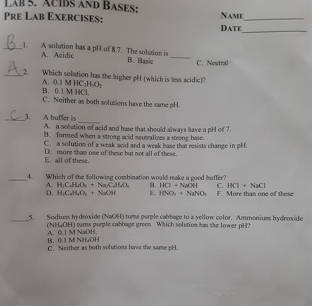 Solved LAB 5. ACIDS AND BASES: PRE LAB EXERCISES: NAME DATE | Chegg.com