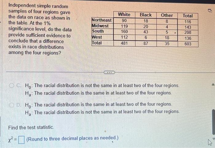 Solved Independent simple random samples of four regions | Chegg.com