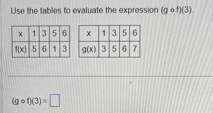 Solved Use the tables to evaluate the expression (g∘f)(3) | Chegg.com