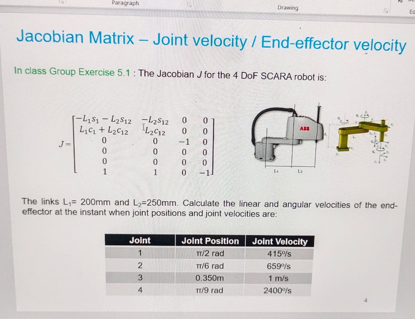 Solved ParagraphDrawingJacobian Matrix - ﻿Joint velocity / | Chegg.com