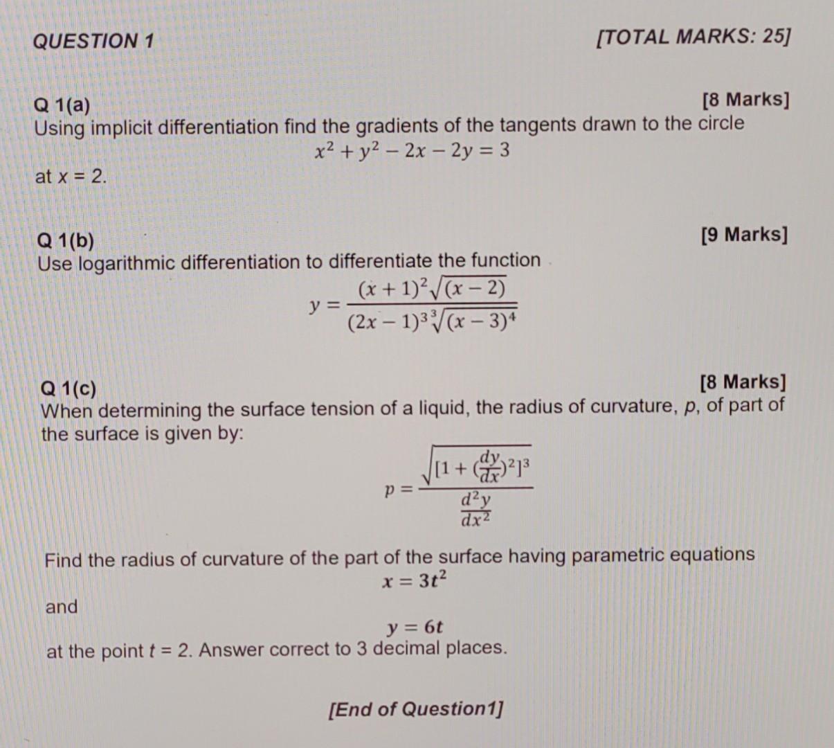 Solved Q 1(a) [8 Marks] Using implicit differentiation find | Chegg.com