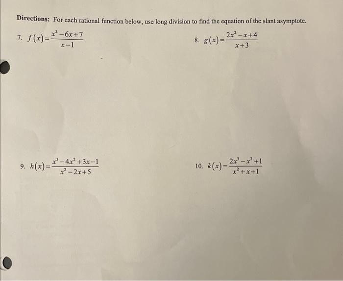 Solved Directions: For each rational function below, use | Chegg.com