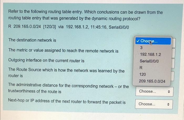 Solved Refer to the following routing table entry. Which | Chegg.com