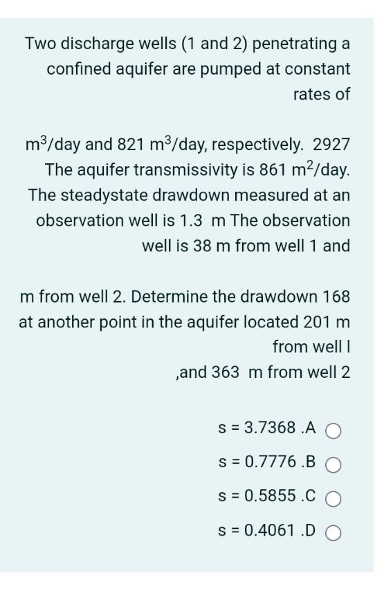 Solved Two discharge wells (1 and 2) penetrating a confined | Chegg.com