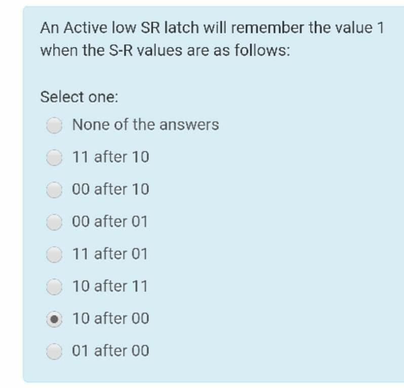 Solved An Active low SR latch will remember the value 1 when | Chegg.com