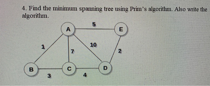 Solved 4. Find the minimum spanning tree using Prim's | Chegg.com