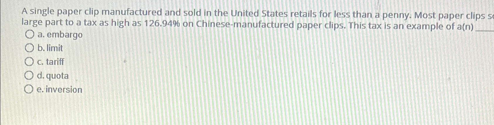 Solved A single paper clip manufactured and sold in the | Chegg.com
