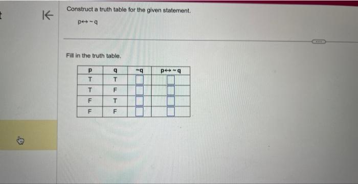 Solved Construct a truth table for the given statement. p↔−q | Chegg.com