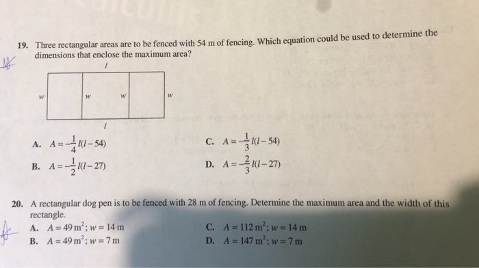 Solved 19. Three rectangular areas are to be fenced with 54 | Chegg.com