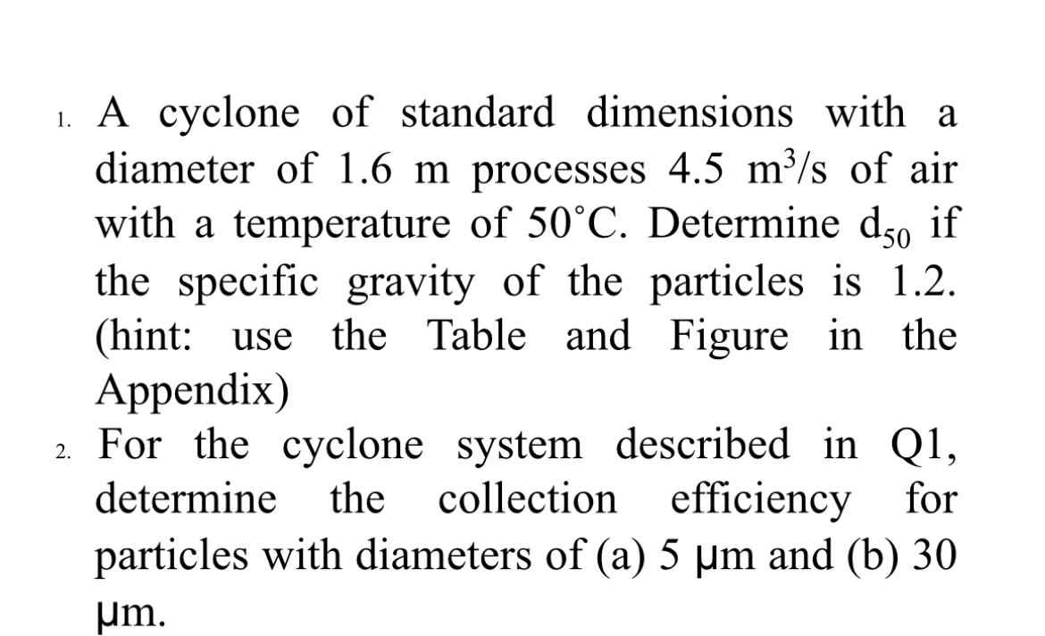 Solved A cyclone of standard dimensions with a diameter of | Chegg.com