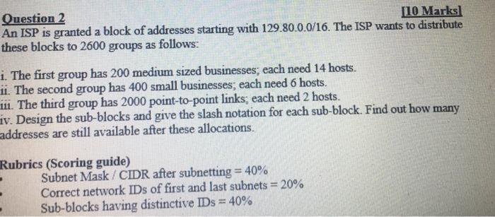 Solved Question 2 J10 Marks An ISP is granted a block of | Chegg.com