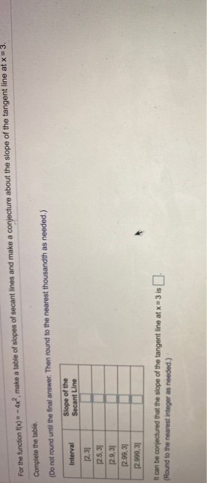 Solved For the function f(x) = - 4x?, make a table of slopes | Chegg.com