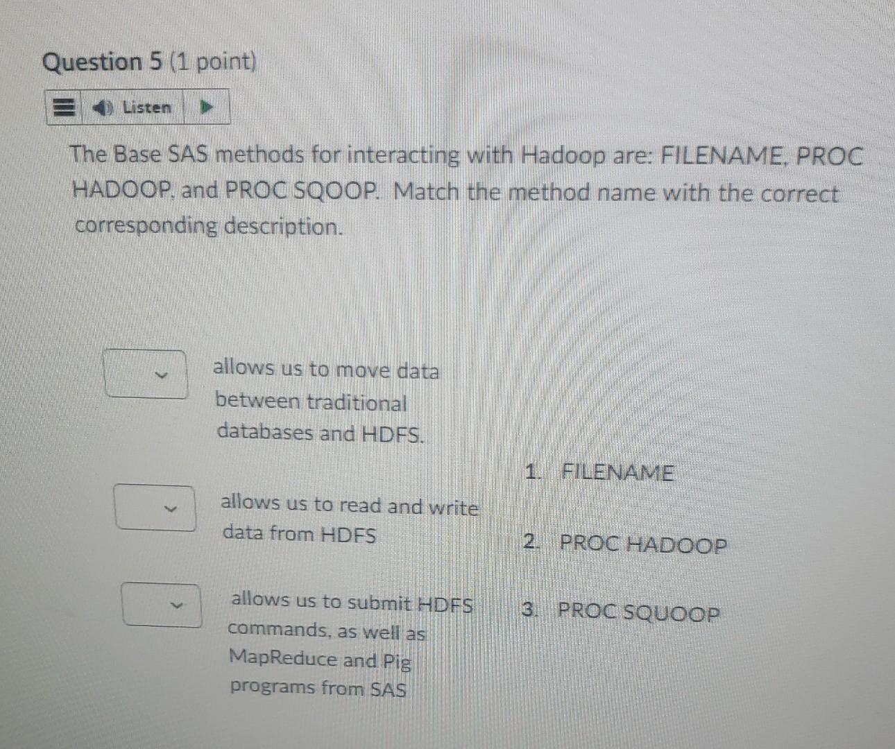 Solved The Base SAS methods for interacting with Hadoop are: | Chegg.com