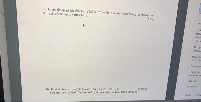 Solved 19. Given the quadratic function f(x) = 2x2 - 8x + 5, | Chegg.com