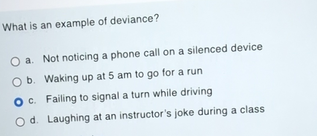 Solved What is an example of deviance?a. ﻿Not noticing a | Chegg.com
