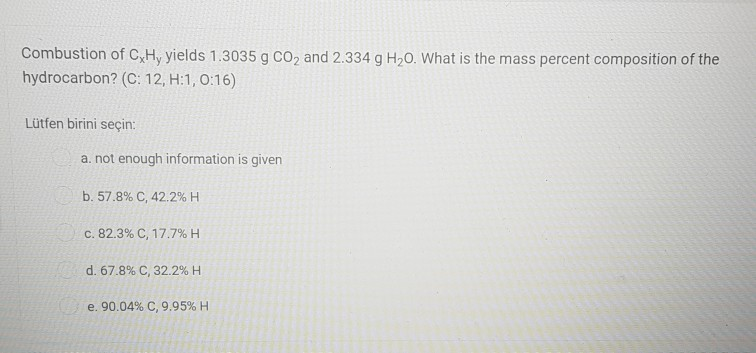 Solved Combustion of CxHy yields 1.3035 g CO2 and 2.334 g | Chegg.com