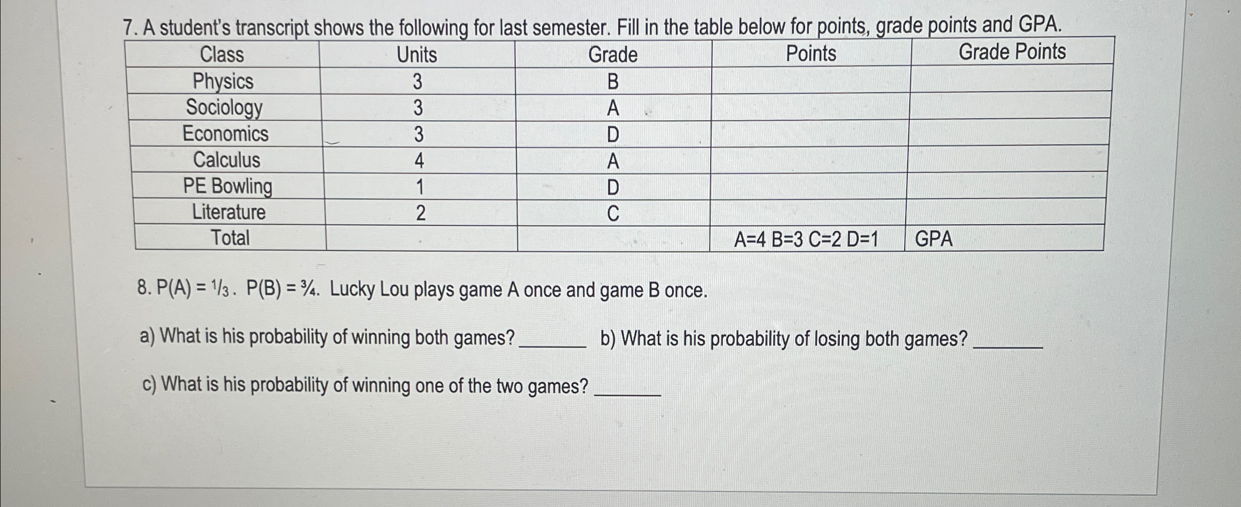 Solved A student's transcript shows the following for last | Chegg.com
