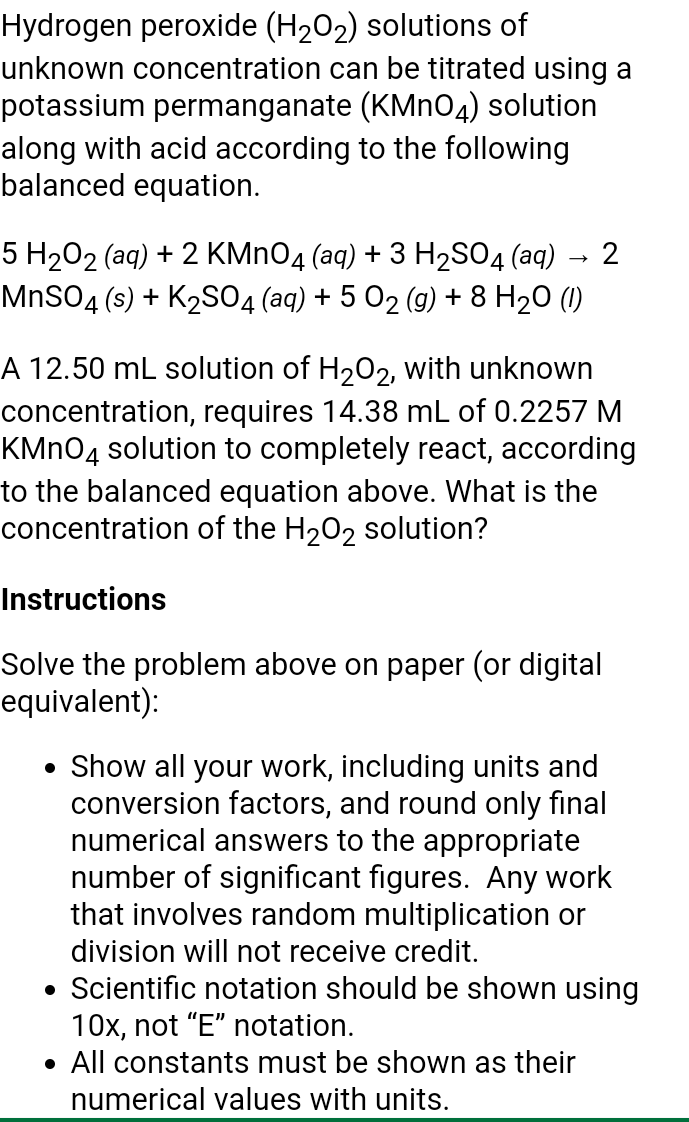 Solved Hydrogen peroxide (H202) solutions of unknown | Chegg.com