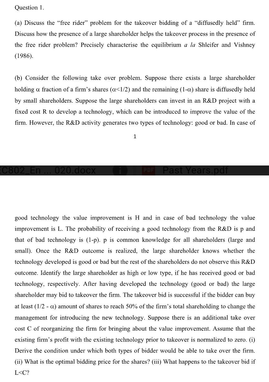 Solved Question 1. (a) Discuss the "free rider" problem for | Chegg.com