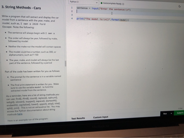 Solved 3 String Methods Cars Python 3 • Autocomplete