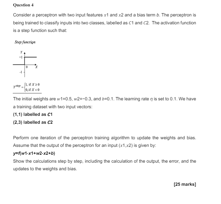 Solved Question 4Consider a perceptron with two input | Chegg.com Solved Question 4Consider a perceptron with two input | Chegg.com