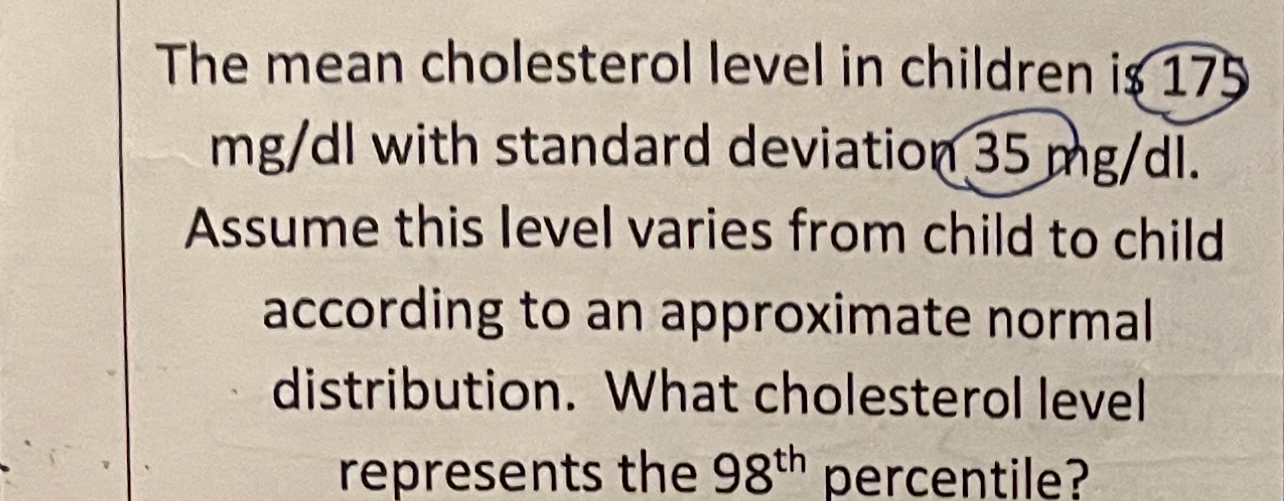 Solved The mean cholesterol level in children is 175mgdl | Chegg.com