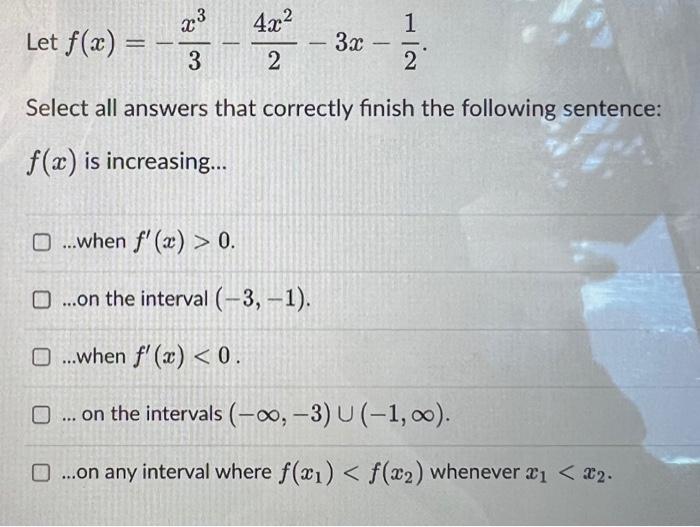 Solved Let f(x)=−3x3−24x2−3x−21 Select all answers that | Chegg.com