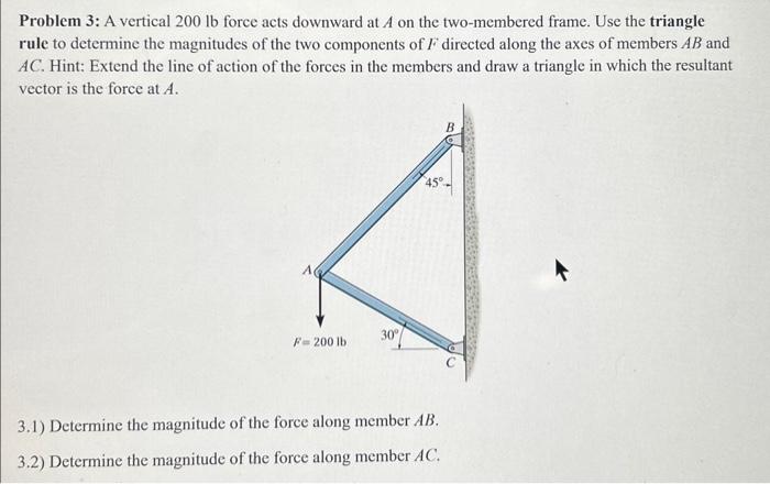Solved Problem 3: A vertical 200lb force acts downward at A | Chegg.com