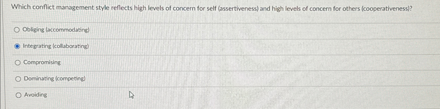 Solved Which conflict management style reflects high levels | Chegg.com
