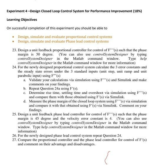 Experiment 4-Design Closed Loop Control System for | Chegg.com