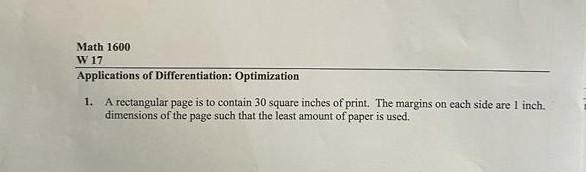 Solved W 17 Applications of Differentiation: Optimization 1. | Chegg.com