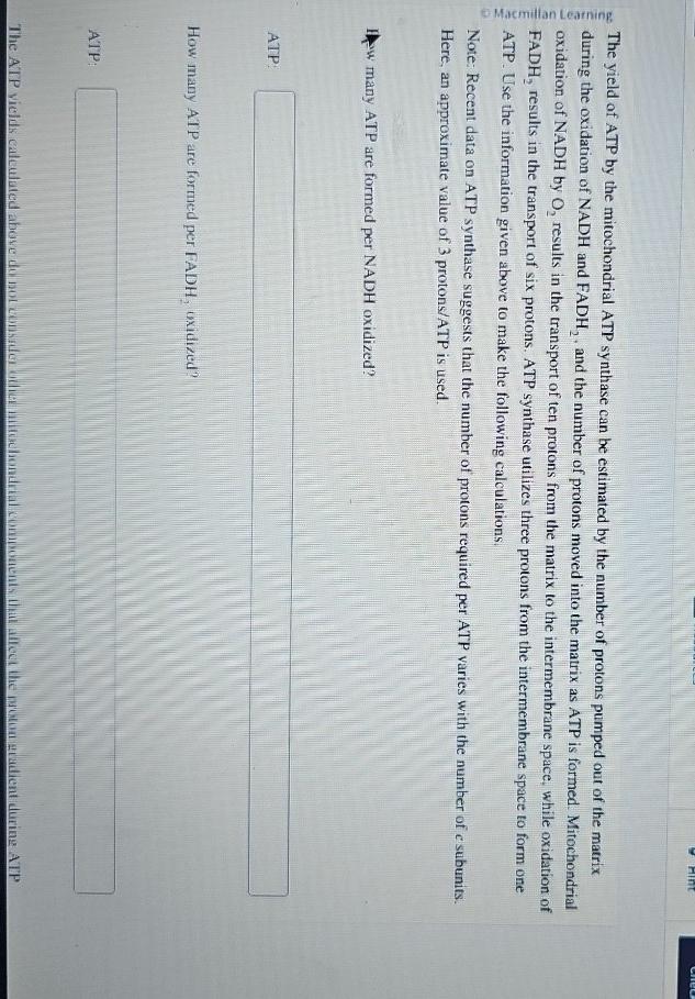 Solved The yield of ATP by the mitochondrial ATP synthase | Chegg.com