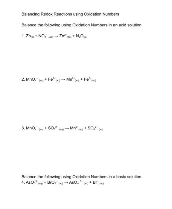 Solved Balancing Redox Reactions using Oxidation Numbers | Chegg.com