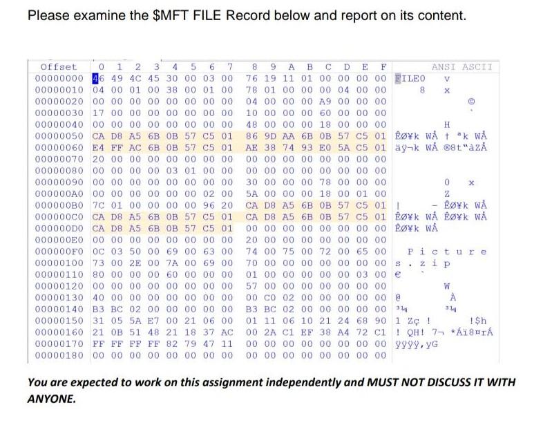 Solved Please examine the $MFT FILE Record below and report | Chegg.com