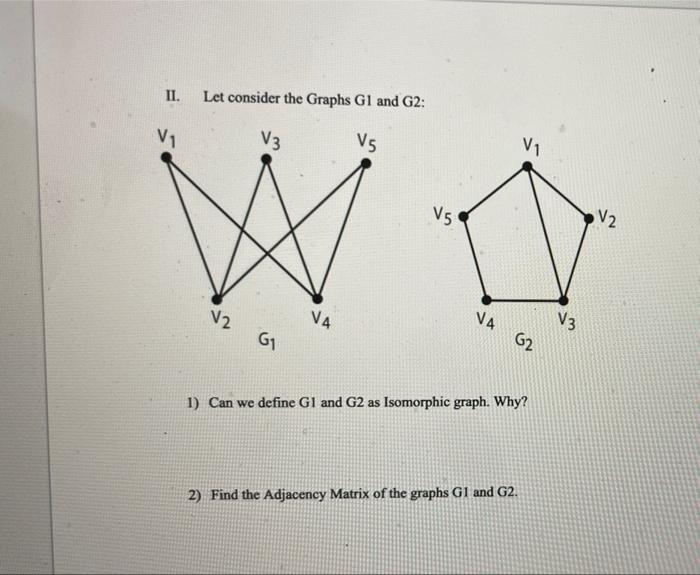 Solved II. Let consider the Graphs G1 and G2: V1 V3 V5 V1 V5 | Chegg.com
