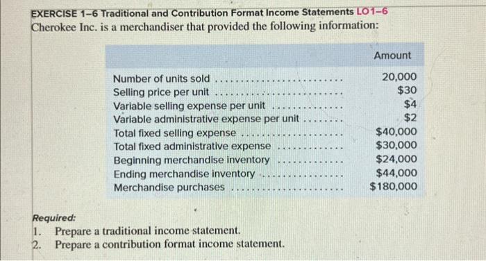 Solved EXERCISE 1-6 Traditional and Contribution Format | Chegg.com