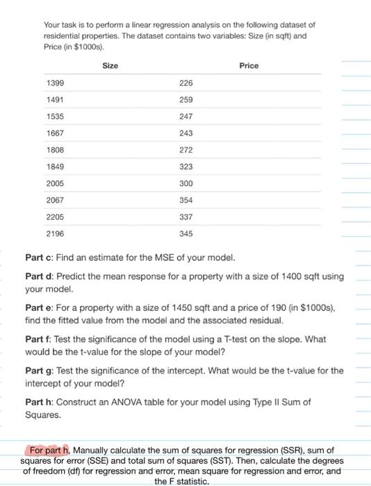 Solved Your task is to perform a linear regression analysis | Chegg.com