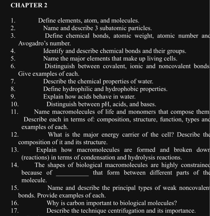 Solved CHAPTER 2 1. Define elements, atom, and molecules. 2. | Chegg.com